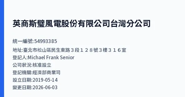 英商斯璧風電股份有限公司台灣分公司的照片-統編 54993385(臺北市) 公司登記資料與營業項目詳細圖表