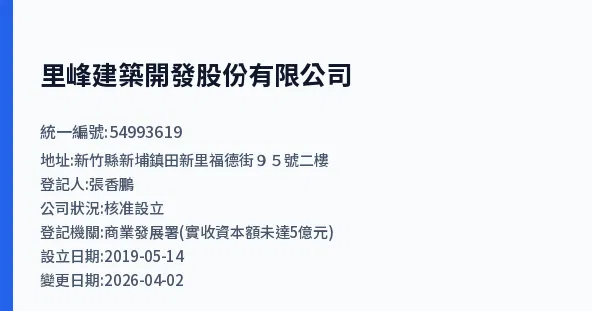 里峰建築開發股份有限公司的照片-統編 54993619(新竹縣) 公司登記資料與營業項目詳細圖表