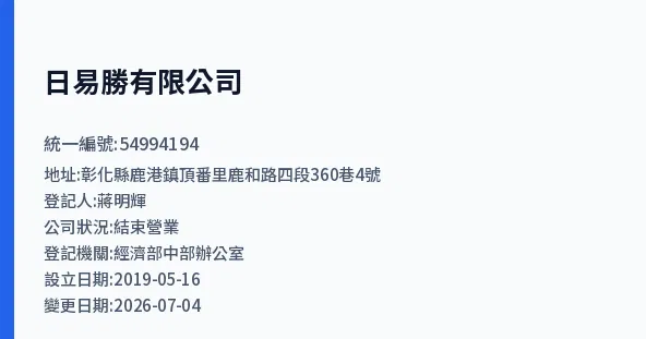 日易勝有限公司的照片-統編 54994194(彰化縣) 公司登記資料與營業項目詳細圖表