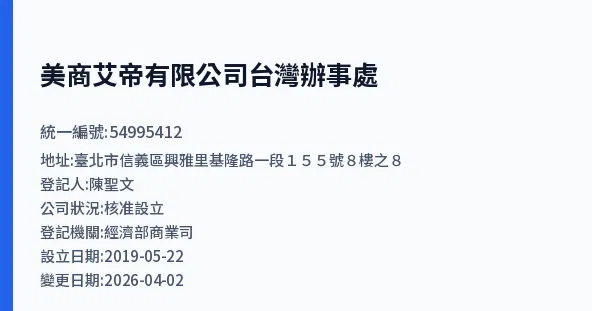 美商艾帝有限公司台灣辦事處的照片-統編 54995412(臺北市) 公司登記資料與營業項目詳細圖表
