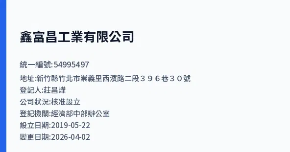 鑫富昌工業有限公司的照片-統編 54995497(新竹縣) 公司登記資料與營業項目詳細圖表