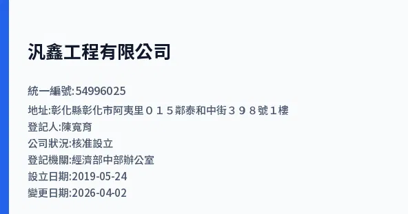 汎鑫工程有限公司的照片-統編 54996025(彰化縣) 公司登記資料與營業項目詳細圖表