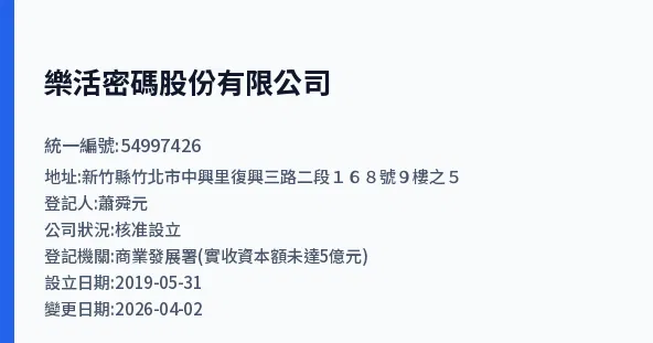 樂活密碼股份有限公司的照片-統編 54997426(新竹縣) 公司登記資料與營業項目詳細圖表