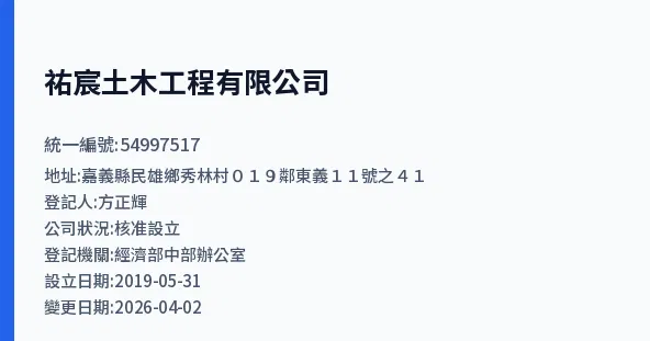 祐宸土木工程有限公司的照片-統編 54997517(嘉義縣) 公司登記資料與營業項目詳細圖表