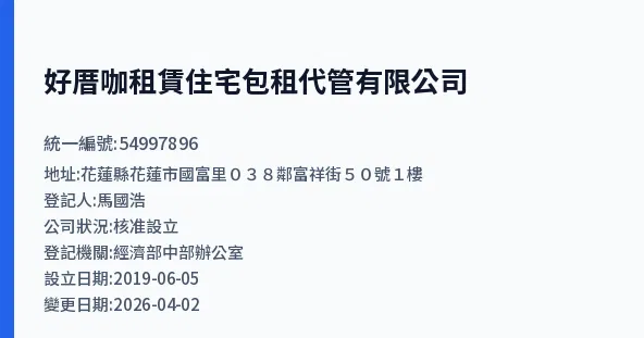好厝咖租賃住宅包租代管有限公司的照片-統編 54997896(花蓮縣) 公司登記資料與營業項目詳細圖表