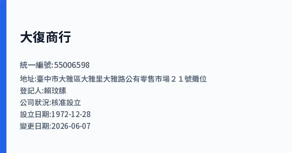 大復商行的照片-統編 55006598(臺中市) 公司登記資料與營業項目詳細圖表