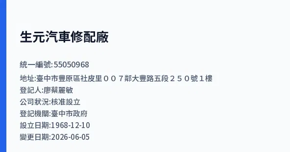 生元汽車修配廠的照片-統編 55050968(臺中市) 公司登記資料與營業項目詳細圖表