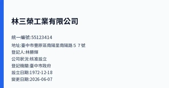 林三榮工業有限公司的照片-統編 55123414(臺中市) 公司登記資料與營業項目詳細圖表