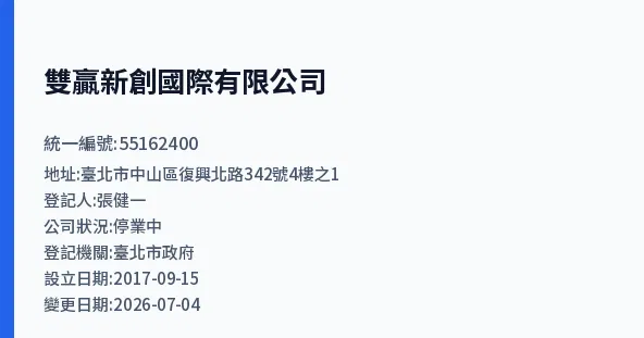 雙贏新創國際有限公司的照片-統編 55162400(臺北市) 公司登記資料與營業項目詳細圖表