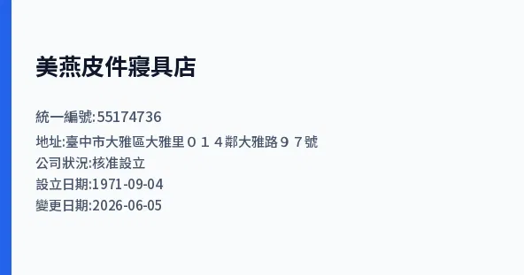 美燕皮件寢具店的照片-統編 55174736(臺中市) 公司登記資料與營業項目詳細圖表