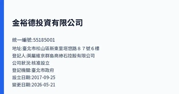 金裕德投資有限公司的照片-統編 55185001(臺北市) 公司登記資料與營業項目詳細圖表