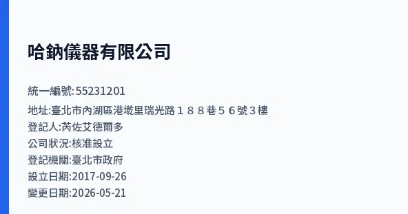 哈鈉儀器有限公司的照片-統編 55231201(臺北市) 公司登記資料與營業項目詳細圖表