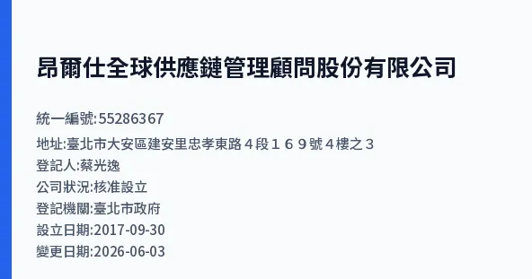 昂爾仕全球供應鏈管理顧問股份有限公司的照片-統編 55286367(臺北市) 公司登記資料與營業項目詳細圖表