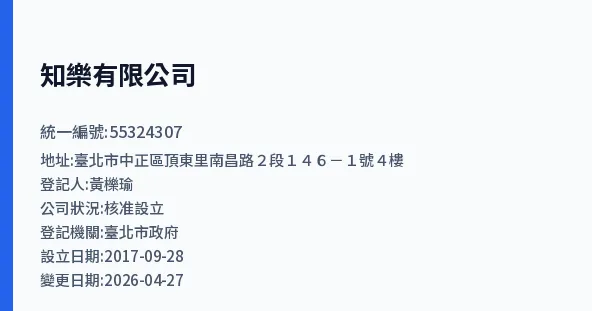 知樂有限公司的照片-統編 55324307(臺北市) 公司登記資料與營業項目詳細圖表