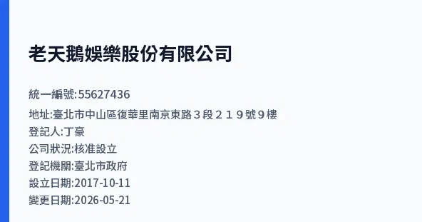 老天鵝娛樂股份有限公司的照片-統編 55627436(臺北市) 公司登記資料與營業項目詳細圖表