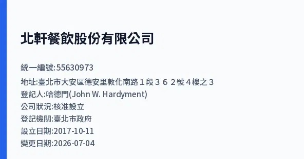 北軒餐飲股份有限公司的照片-統編 55630973(臺北市) 公司登記資料與營業項目詳細圖表