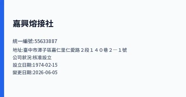 嘉興熔接社的照片-統編 55633887(臺中市) 公司登記資料與營業項目詳細圖表