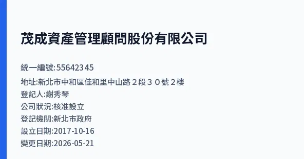 茂成資產管理顧問股份有限公司的照片-統編 55642345(新北市) 公司登記資料與營業項目詳細圖表