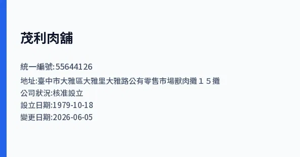 茂利肉舖的照片-統編 55644126(臺中市) 公司登記資料與營業項目詳細圖表