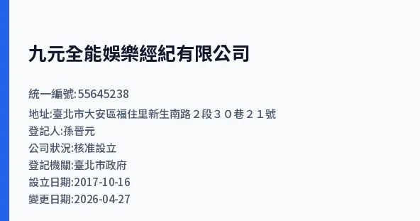 九元全能娛樂經紀有限公司的照片-統編 55645238(臺北市) 公司登記資料與營業項目詳細圖表
