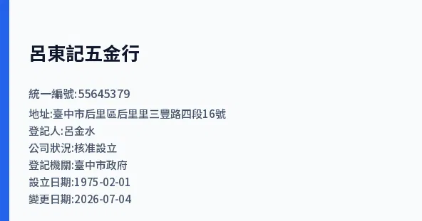 呂東記五金行的照片-統編 55645379(臺中市) 公司登記資料與營業項目詳細圖表
