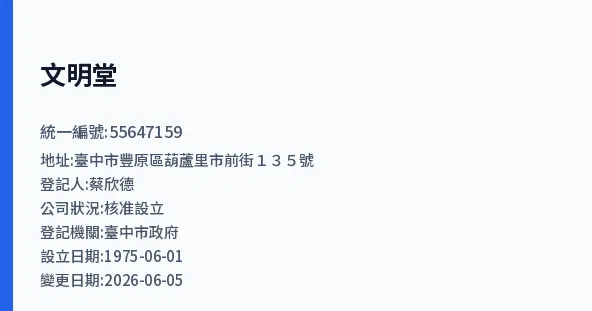 文明堂的照片-統編 55647159(臺中市) 公司登記資料與營業項目詳細圖表