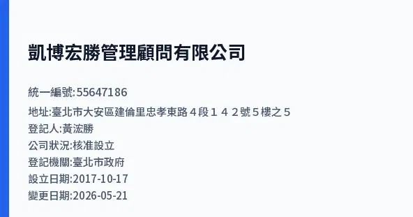 凱博宏勝管理顧問有限公司的照片-統編 55647186(臺北市) 公司登記資料與營業項目詳細圖表