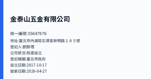 金泰山五金有限公司的照片-統編 55647876(臺北市) 公司登記資料與營業項目詳細圖表
