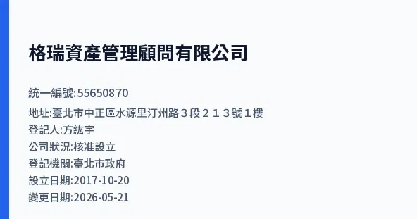格瑞資產管理顧問有限公司的照片-統編 55650870(臺北市) 公司登記資料與營業項目詳細圖表