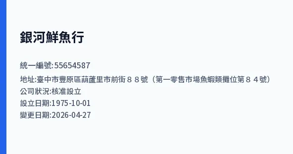 銀河鮮魚行的照片-統編 55654587(臺中市) 公司登記資料與營業項目詳細圖表