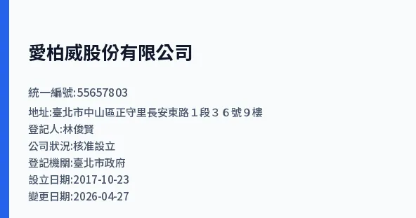 愛柏威股份有限公司的照片-統編 55657803(臺北市) 公司登記資料與營業項目詳細圖表