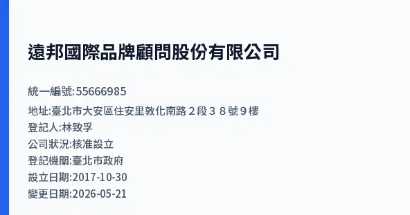 遠邦國際品牌顧問股份有限公司的照片-統編 55666985(臺北市) 公司登記資料與營業項目詳細圖表