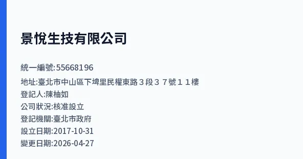 景悅生技有限公司的照片-統編 55668196(臺北市) 公司登記資料與營業項目詳細圖表