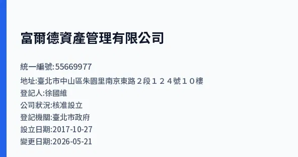 富爾德資產管理有限公司的照片-統編 55669977(臺北市) 公司登記資料與營業項目詳細圖表