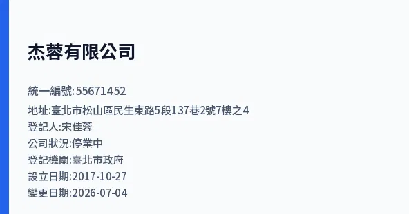 杰蓉有限公司的照片-統編 55671452(臺北市) 公司登記資料與營業項目詳細圖表