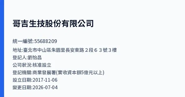 哥吉生技股份有限公司的照片-統編 55688209(臺北市) 公司登記資料與營業項目詳細圖表