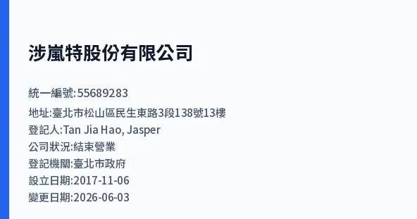 涉嵐特股份有限公司的照片-統編 55689283(臺北市) 公司登記資料與營業項目詳細圖表