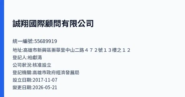 誠翔國際顧問有限公司的照片-統編 55689919(高雄市) 公司登記資料與營業項目詳細圖表