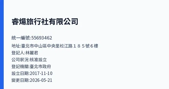 睿煬旅行社有限公司的照片-統編 55693462(臺北市) 公司登記資料與營業項目詳細圖表