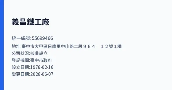 義昌鐵工廠的照片-統編 55699466(臺中市) 公司登記資料與營業項目詳細圖表