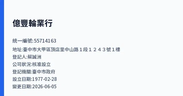 億豐輪業行的照片-統編 55714163(臺中市) 公司登記資料與營業項目詳細圖表
