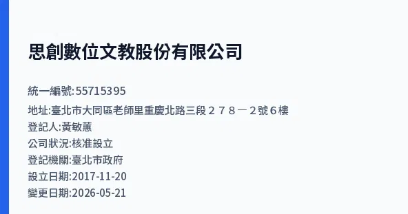 思創數位文教股份有限公司的照片-統編 55715395(臺北市) 公司登記資料與營業項目詳細圖表