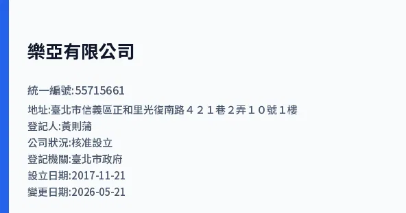 樂亞有限公司的照片-統編 55715661(臺北市) 公司登記資料與營業項目詳細圖表