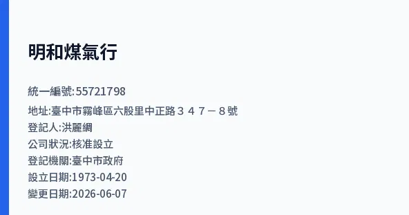 明和煤氣行的照片-統編 55721798(臺中市) 公司登記資料與營業項目詳細圖表