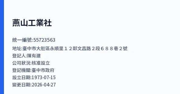 燕山工業社的照片-統編 55723563(臺中市) 公司登記資料與營業項目詳細圖表