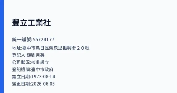 豐立工業社的照片-統編 55724177(臺中市) 公司登記資料與營業項目詳細圖表