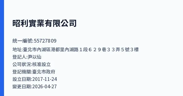 昭利實業有限公司的照片-統編 55727809(臺北市) 公司登記資料與營業項目詳細圖表