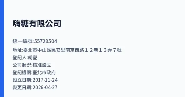 嗨糖有限公司的照片-統編 55728504(臺北市) 公司登記資料與營業項目詳細圖表