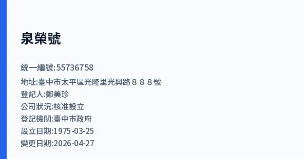 泉榮號的照片-統編 55736758(臺中市) 公司登記資料與營業項目詳細圖表