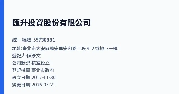 匯升投資股份有限公司的照片-統編 55738881(臺北市) 公司登記資料與營業項目詳細圖表
